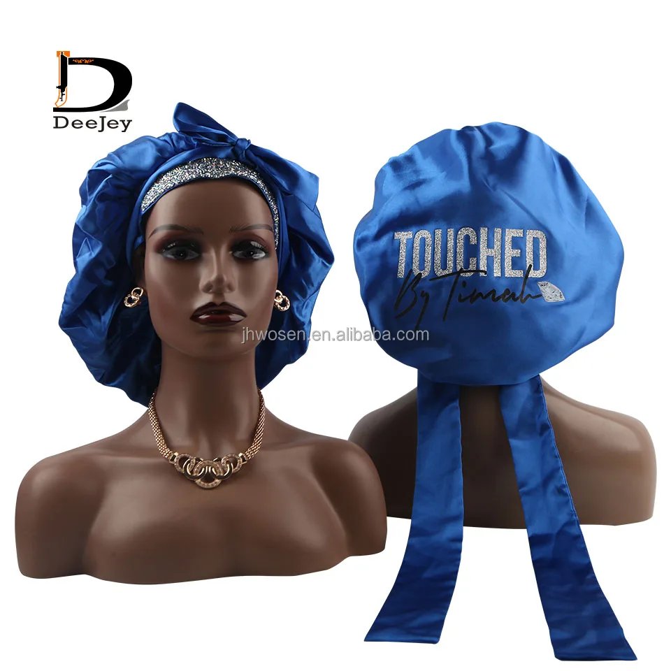 Custom Logo Glitter Diamond Satin Bonnets with Rhinestone Band Double ...