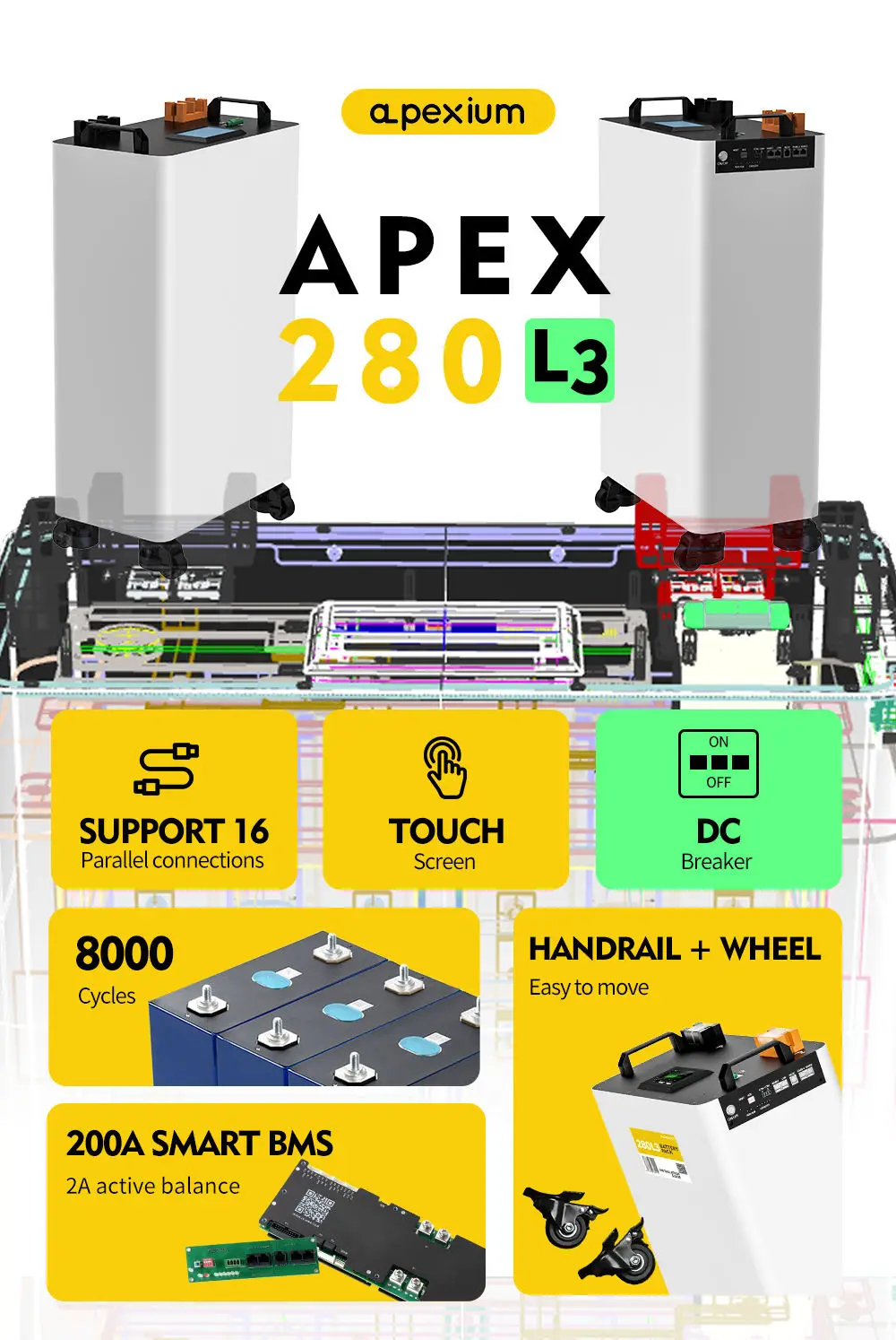 Apexium Home Storage 48V 15kwh LiFePO4 Battery Pack Vertical 51.2V 14 ...