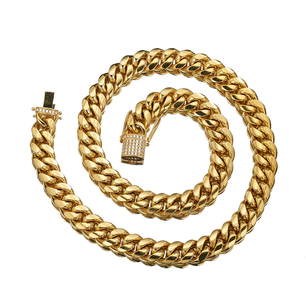 12毫米古巴链colare De Corrente De Aco Inoxiavel Com Fivela De Ouro锆colar De ...