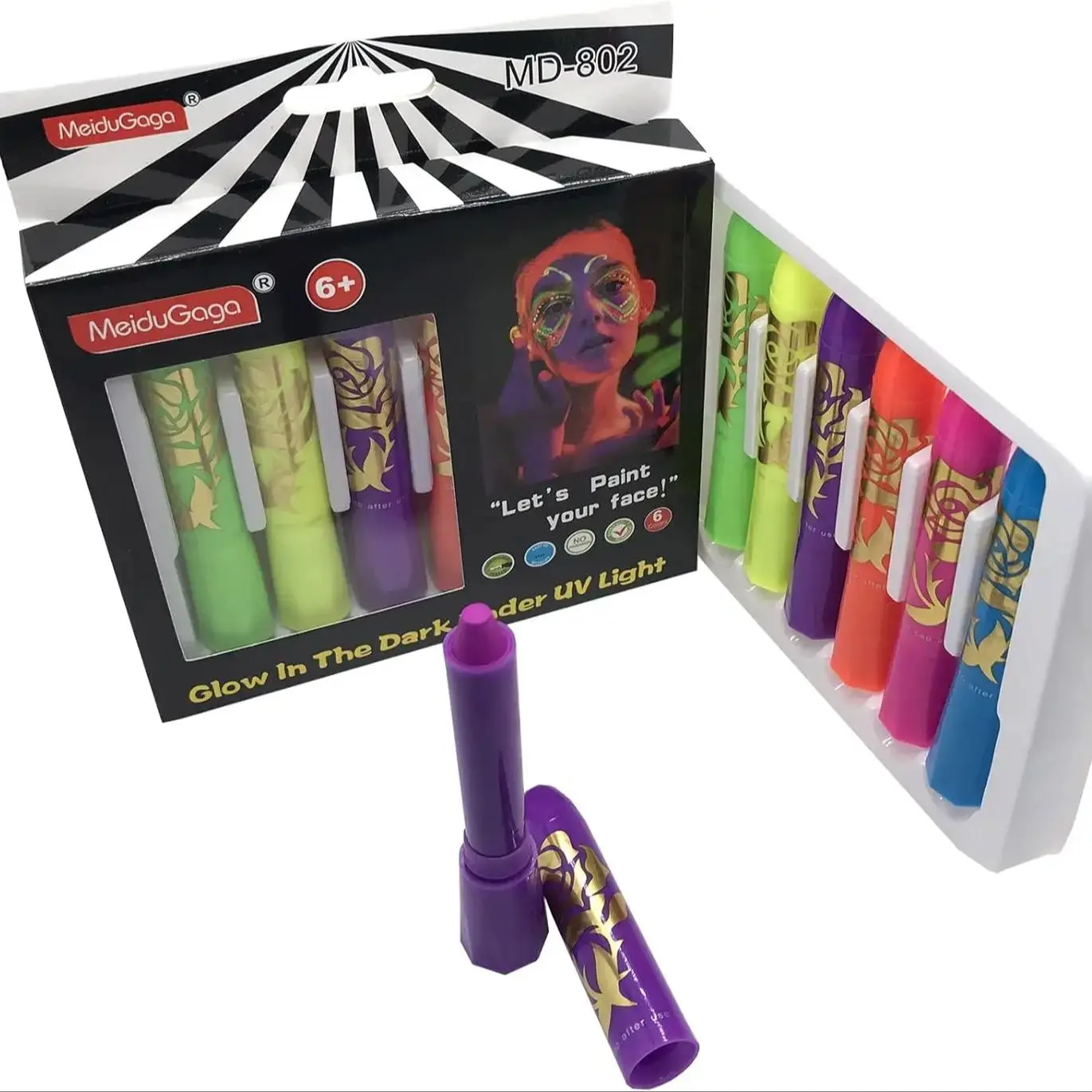 6 Colors Fluorescent Crayons Kit Glow in the Black Light Body Face ...