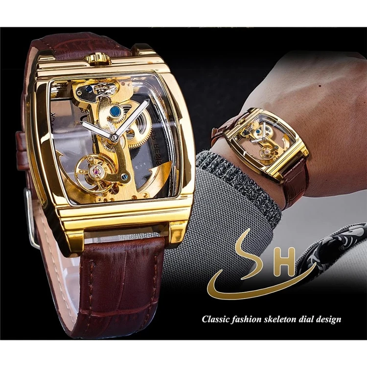 SHENHUA 9870L Automatic Men's Mechanical Dress Watch, Skeleton Gold ...