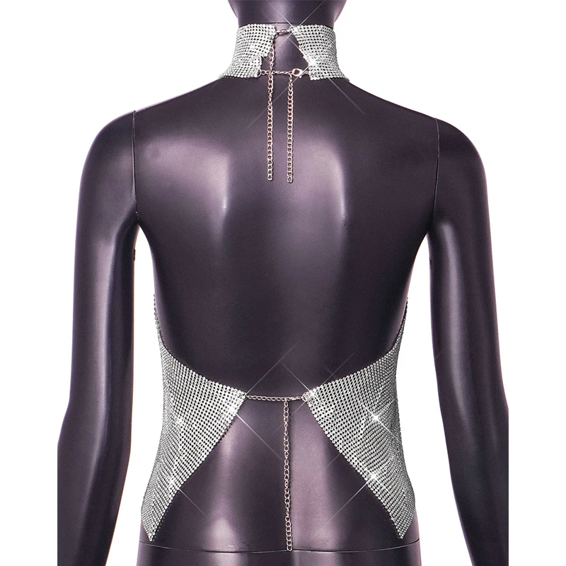 Y2K Silver Aluminium Chainmail Crop Top - Open Back Rhinestone