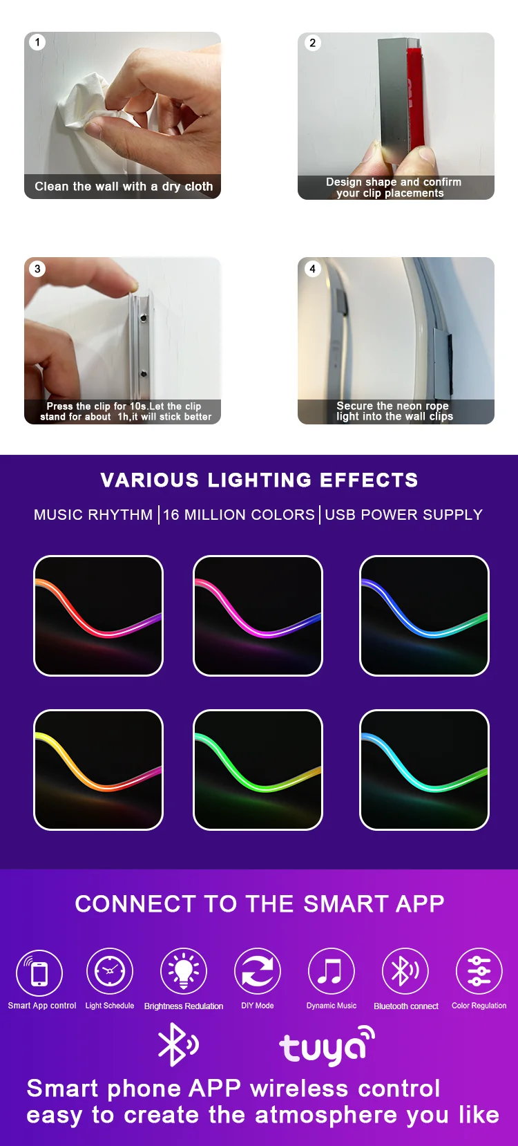 Ip68 Waterproof Tuya Wifi Neon Lighting 3 M 16 Million Diy Colors Smart ...