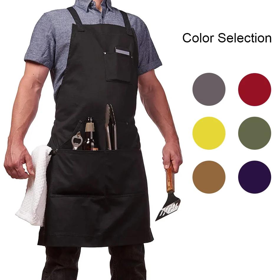 Professional BBQ Cotton Black Chef Apron with Towel Loop