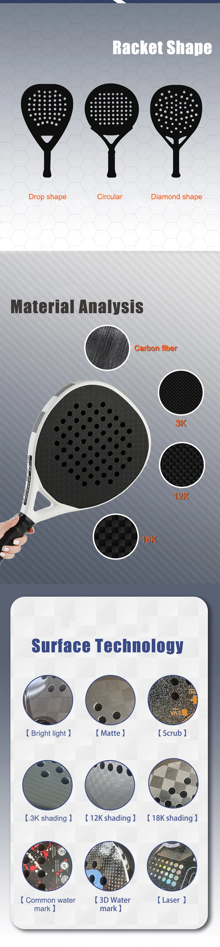 Procircle Padel Racket 12k Carbon Fiber Surface With Eva Memory Flex ...