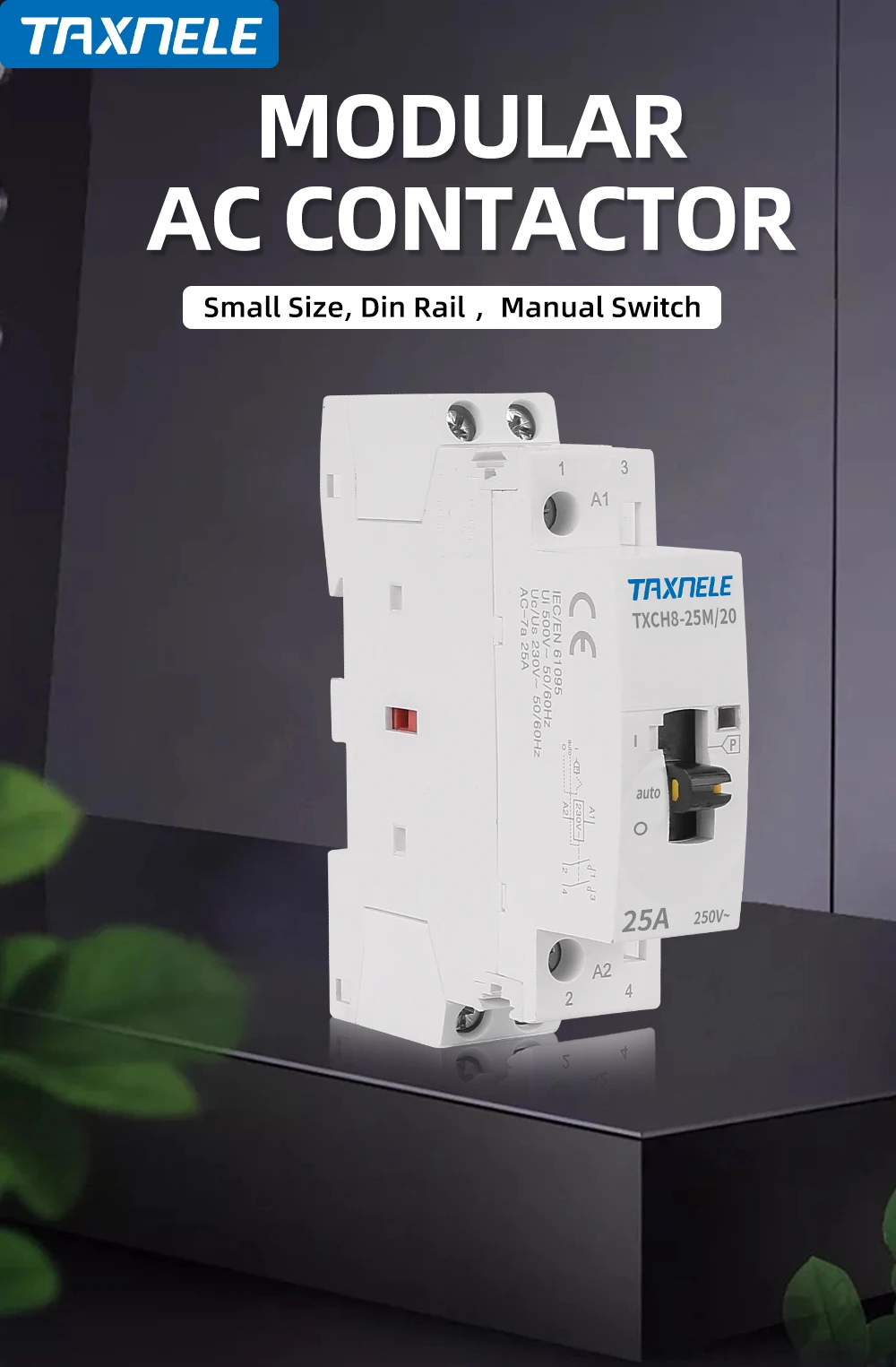 2P 25A 220V/230V 50/60HZ Din Rail Modular Contactor - Manual Control Switch