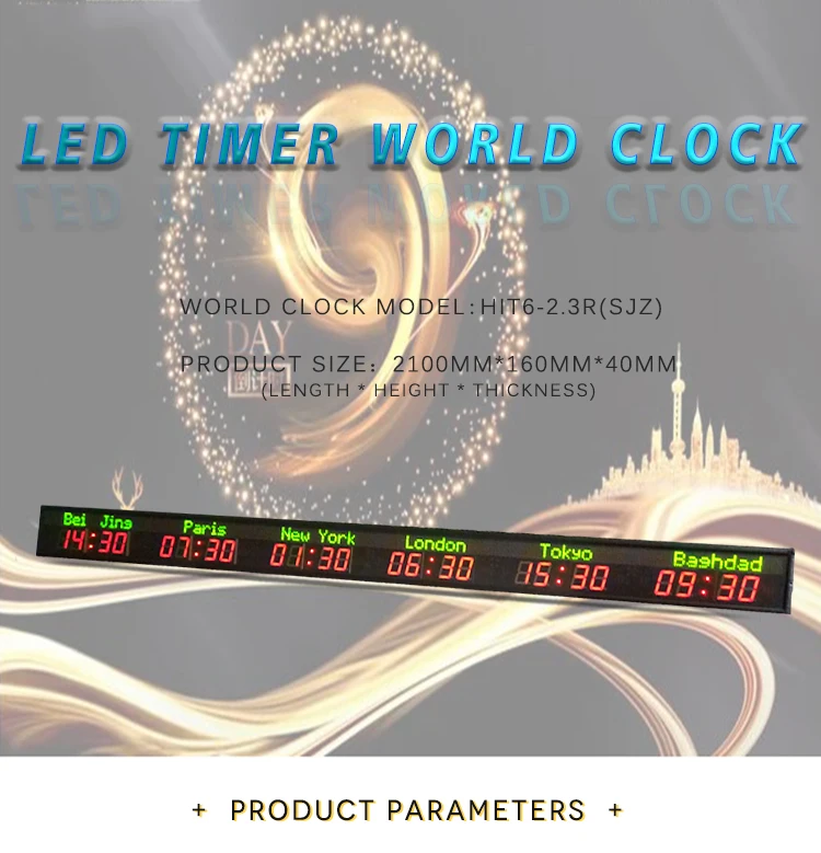 LED Timer World Clock - Multi Function Wall Clock 6 Time Zone