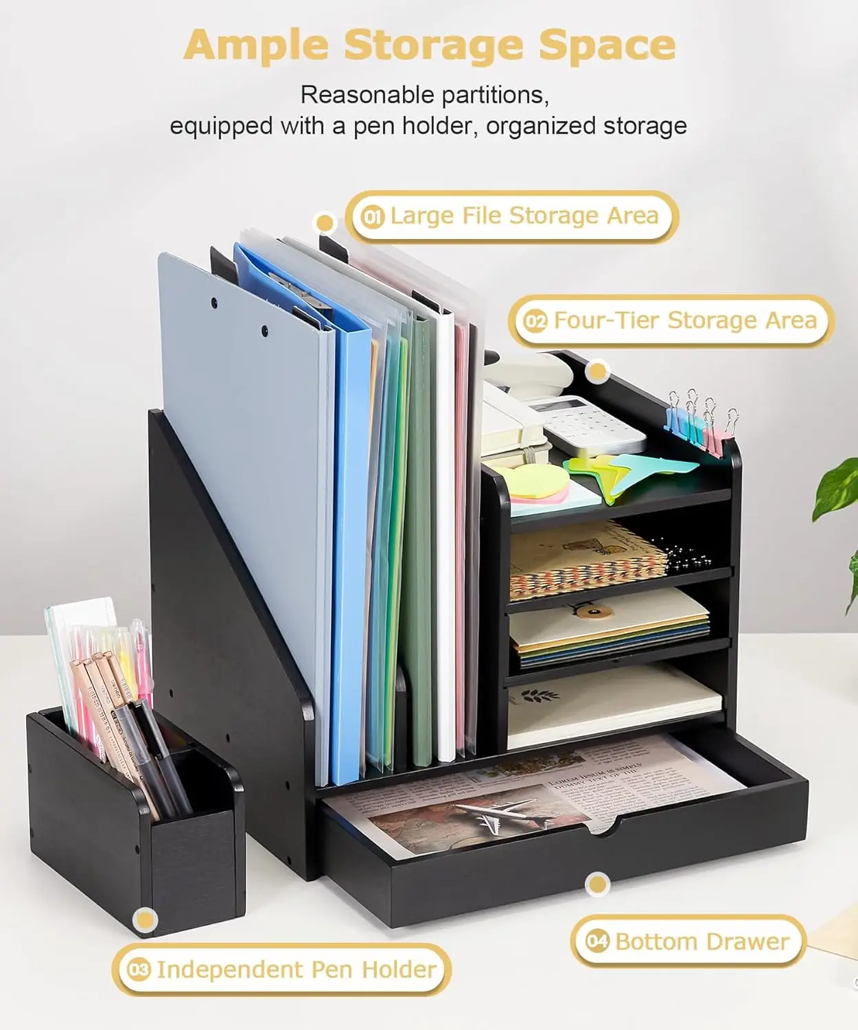 Wooden Desktop Letter Paper Tray Storage Bamboo Desk Organizers with ...