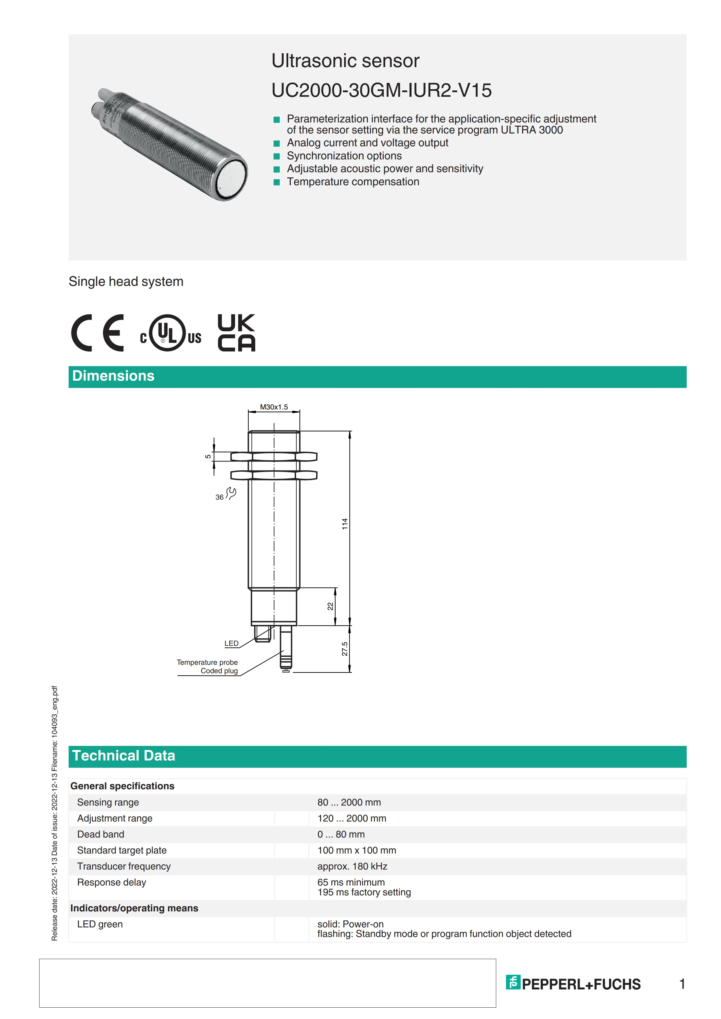 Pepperl +fuchs Ultrasonic Proximity Switch/sensor (104095) Uc6000-30gm-iur2-v15 For Industrial ...