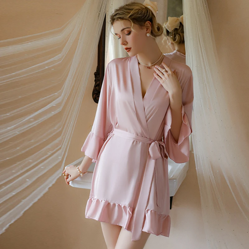 Sexy toga Satin opening belt flounce Long sleeve Night gown robe ...