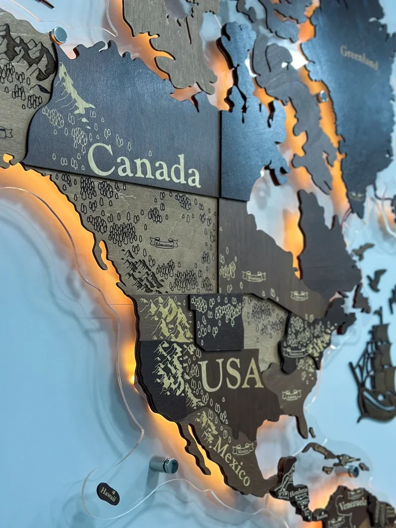 RGB LED 3D Wooden World Map - Artistic & Functional Gift