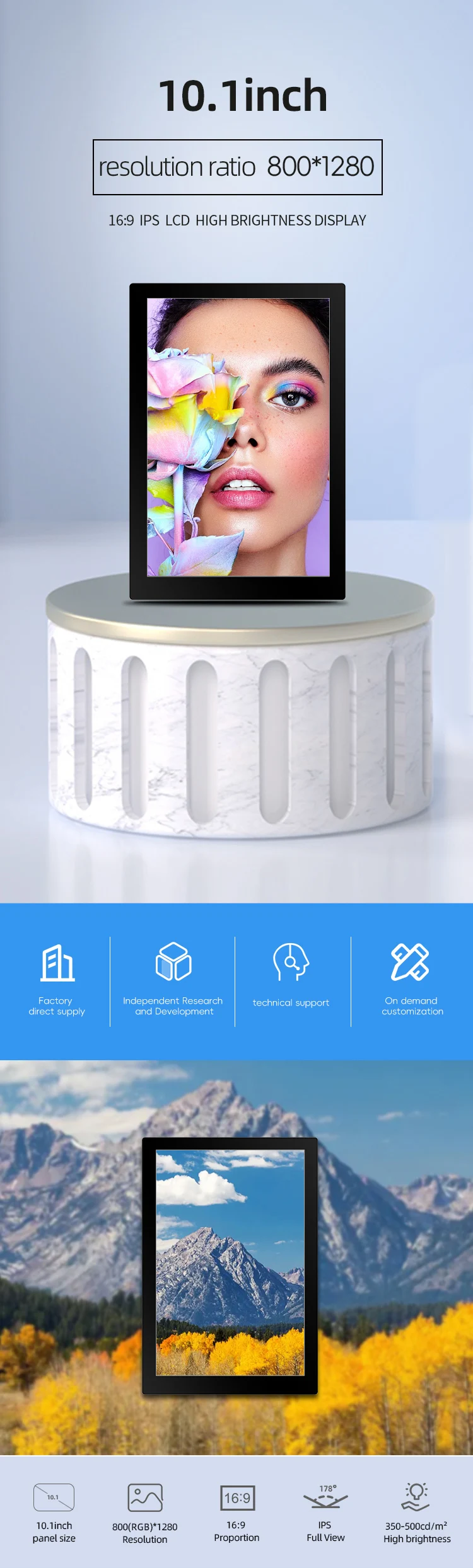 10.1 Inch HD-MI LCD Display with 350-800 Nits IPS Touch Screen