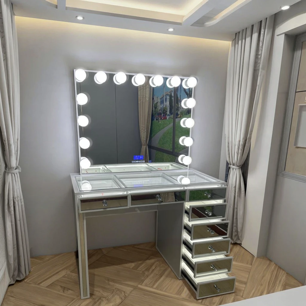 8-Light Chic Dressing Table with 15-LED Bluetooth Mirror Glass Top ...