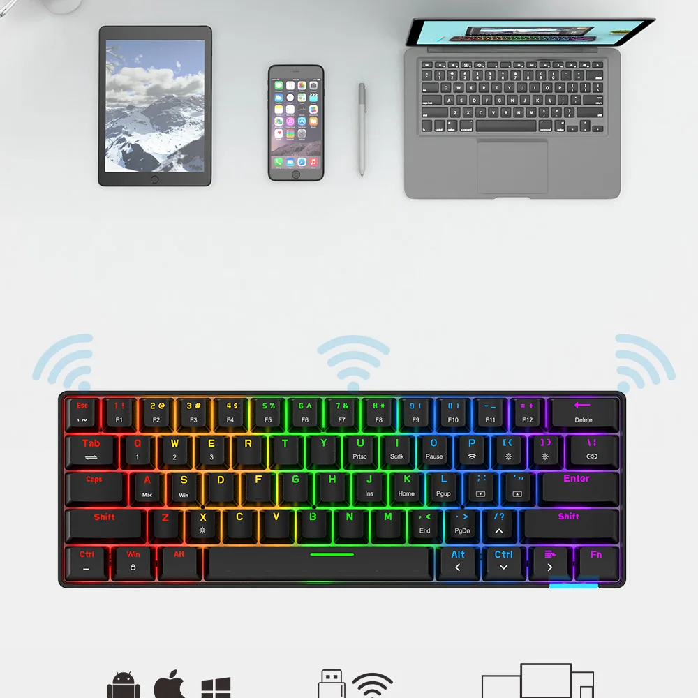 Ajazz Stk61 Rainbow Colors Bt 3.0 Dual-mode Compact 61 Key Mechanical Gaming Mini Wireless Usb ...