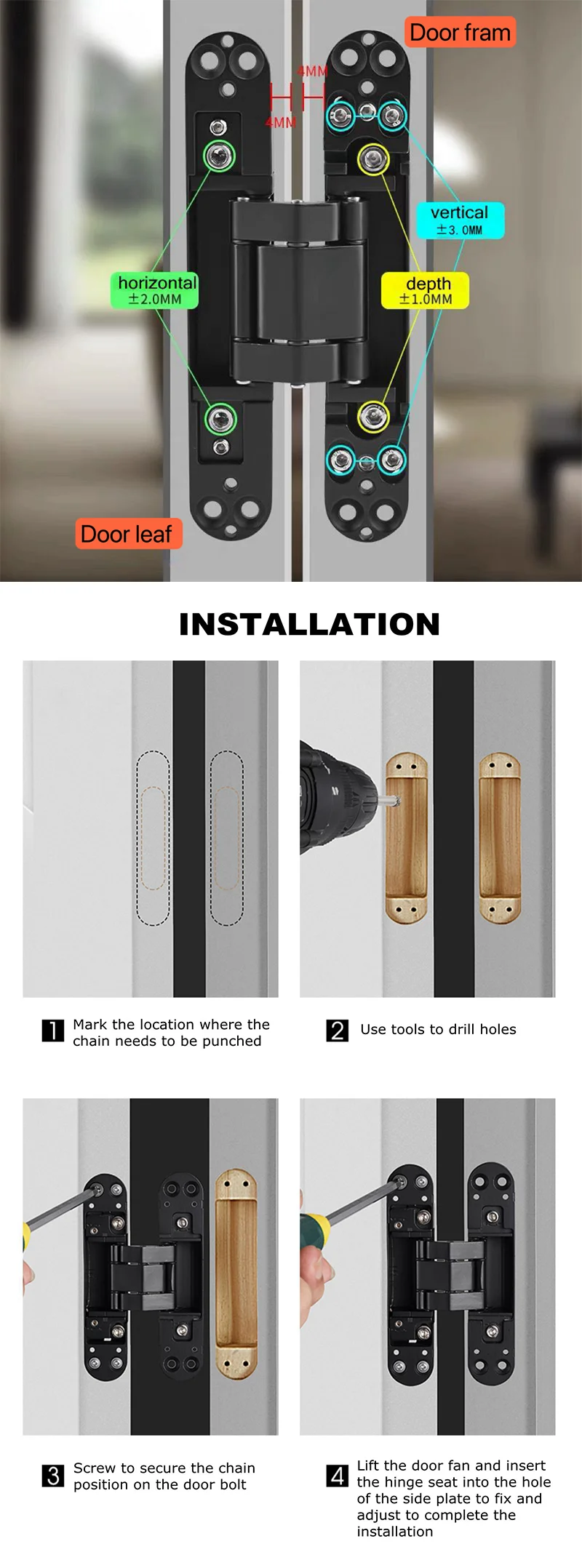 3D Adjustable Invisible Hardware - Heavy Duty Door Hinges