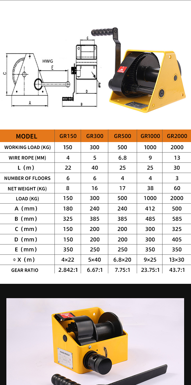 1000KG Self-Locking Hand Crank Winch - Heavy Duty & Reliable