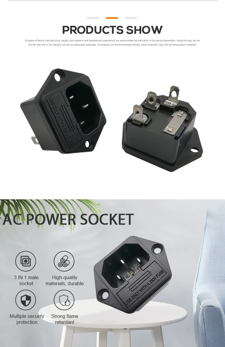 JR-101-1F 10A250VAC IEC C14 Insurance Power Connector Outlet Inlet ...