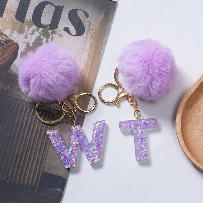 Soft Pom Pom Balls Keychain Fashion Letter Acrylic Keyrings Bag ...