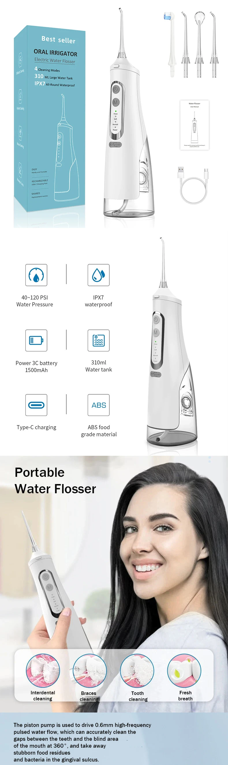 Smart Dental Portable Rechargeable Electric Waterproof Water Jet Floss ...