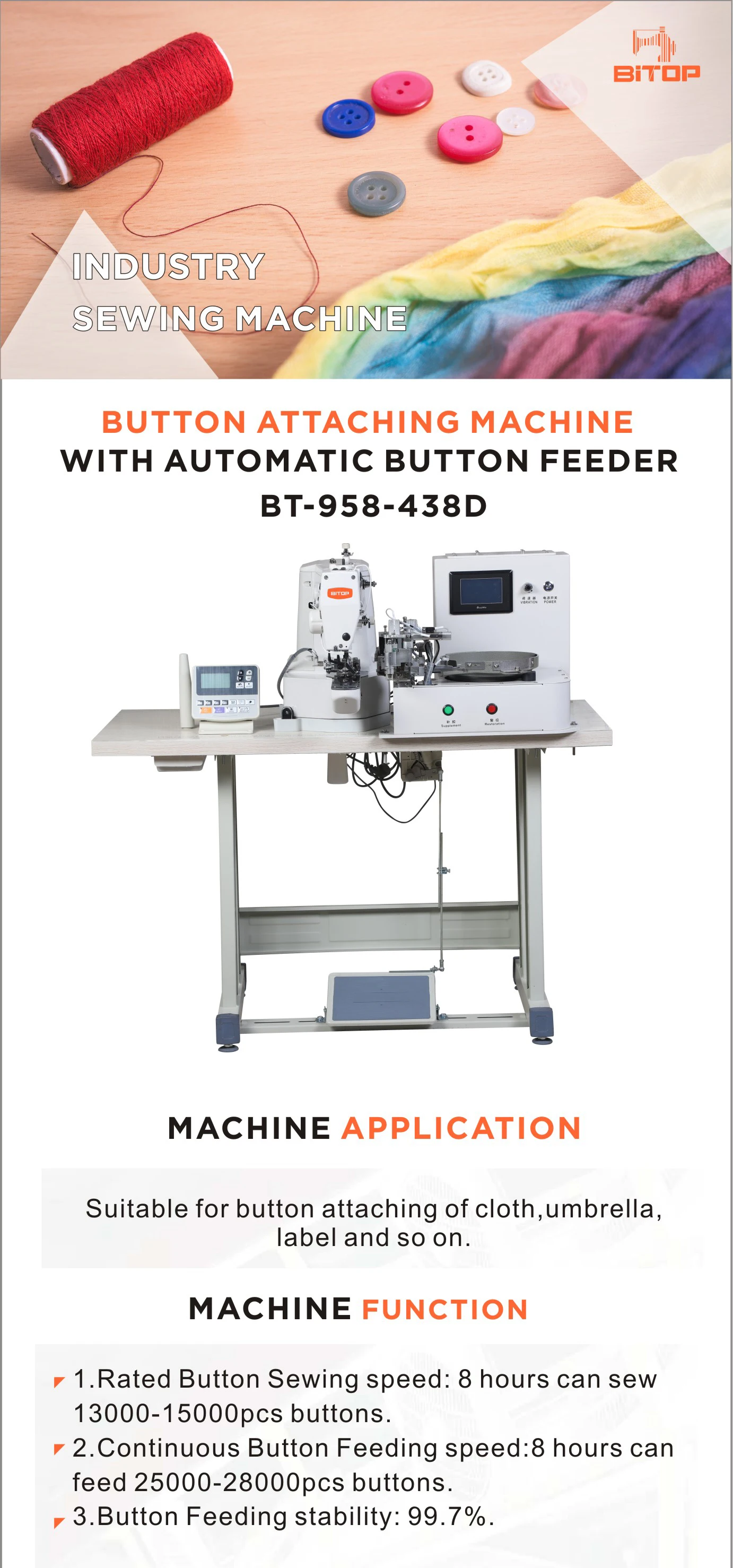 BT-958-438D Automatic Button Attaching Sewing Machine Press Button ...