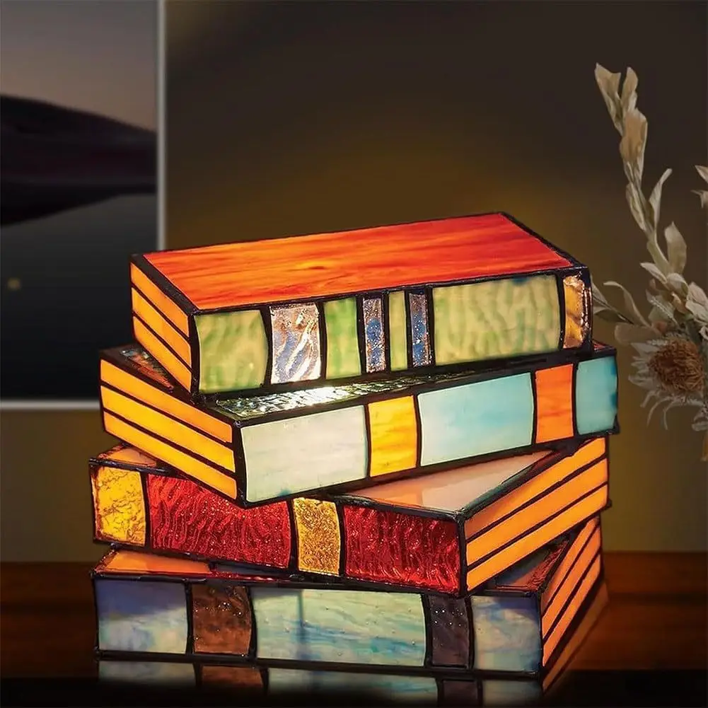 Handcrafted Nightstand Resin Stacked Books Stained Glass Book Lamp Desk ...