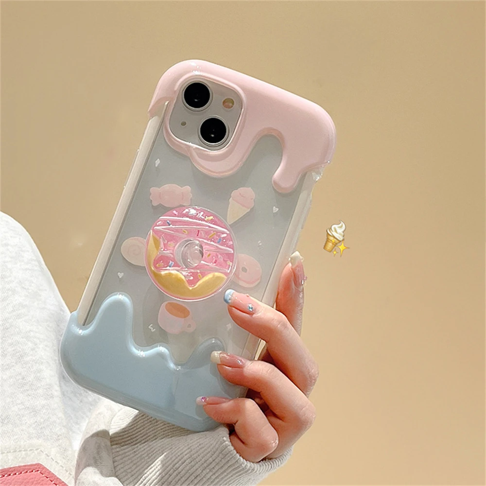 Cute 3D Donut Holder Stand Melted Ice Cream Soft Phone Case