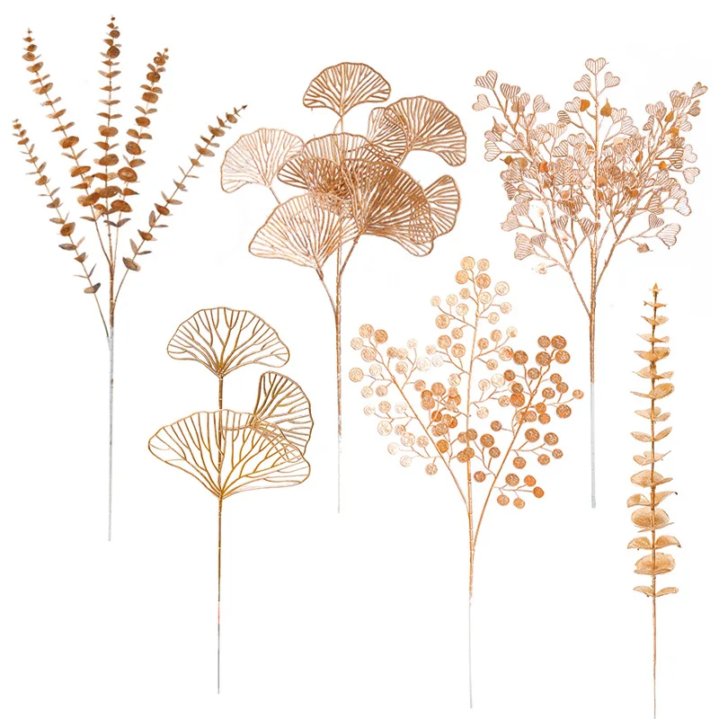 New Design Artificial Golden Plastic Leaves Single Stem Gold Flower for ...