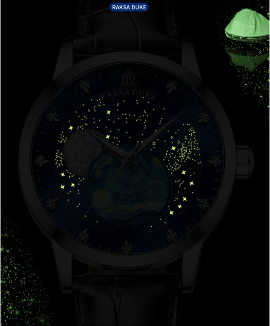 Raksa Duke Waterproof Mens Leather Watch Moon Phase Art Design ...