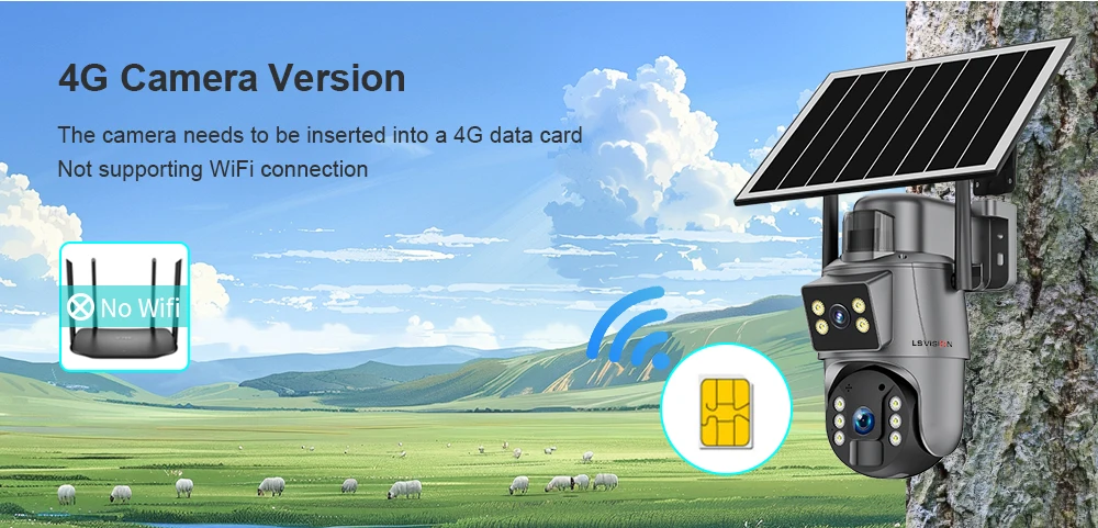 LS VISION Solar Camera 4G Sim Outdoor Dual Lens Wifi 2K IP Camara