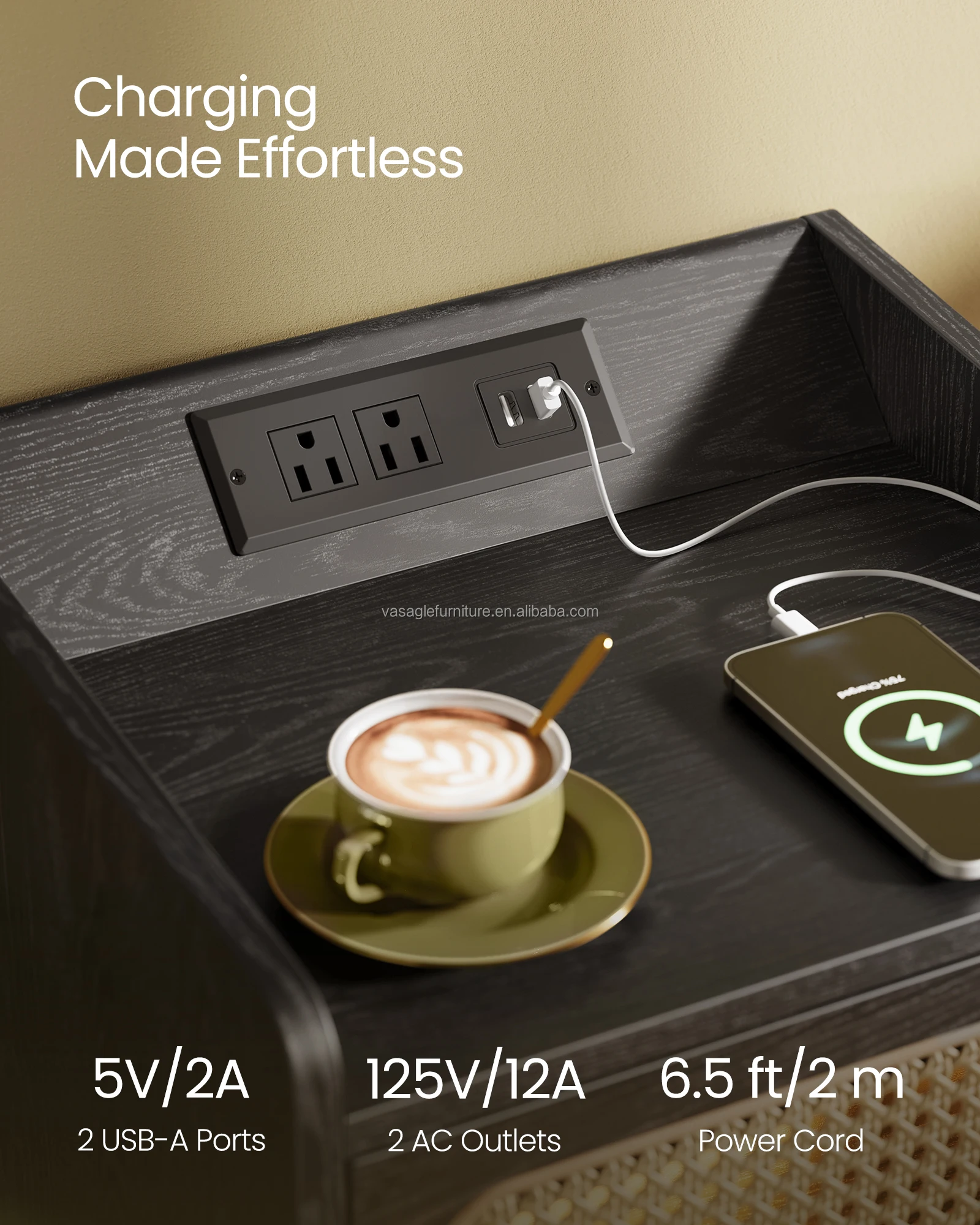 VASAGLE Modern Black Side Table - LED Bedside Light Rattan