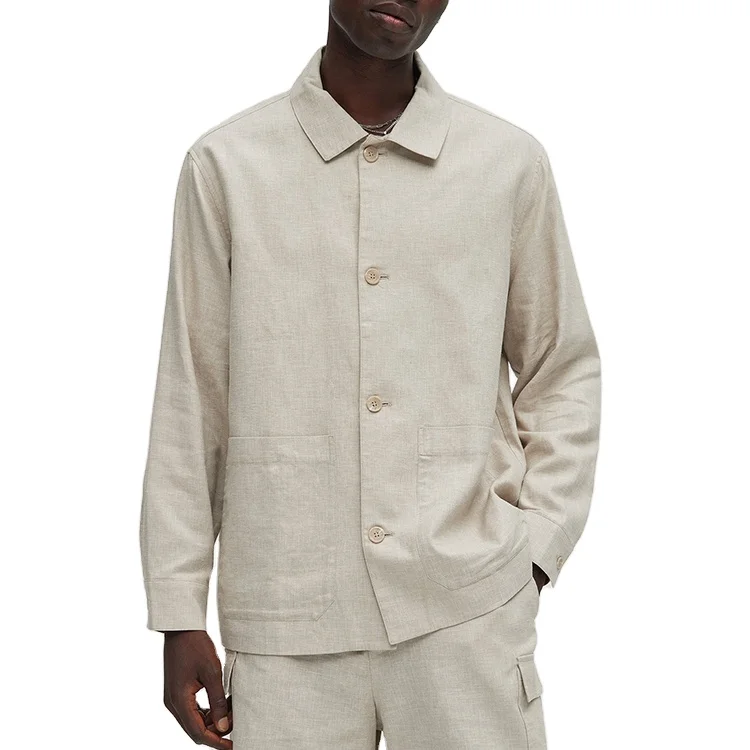 Yuchen Blue Custom Linen Button Jacket Overshirt Pocket Shacket Plus ...