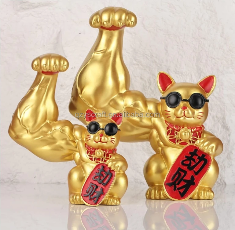 Resin Cute Animal Golden Muscle Arm Lucky Cat Crafts Home Statue - Buy ...