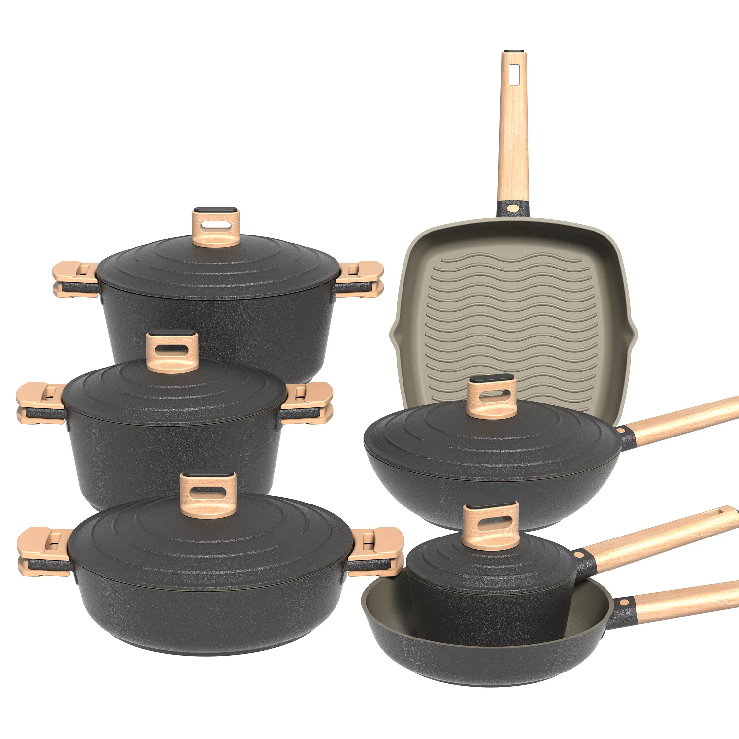 BESCO OEM Nature series Cast aluminium Non Stick Black Cookware set ...