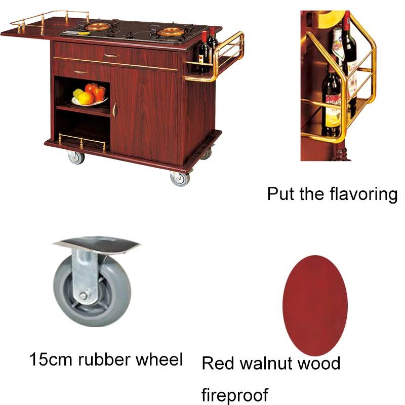 Wooden Cherry Red Double Gas Stove Cooking Cart Flambe Trolley For ...