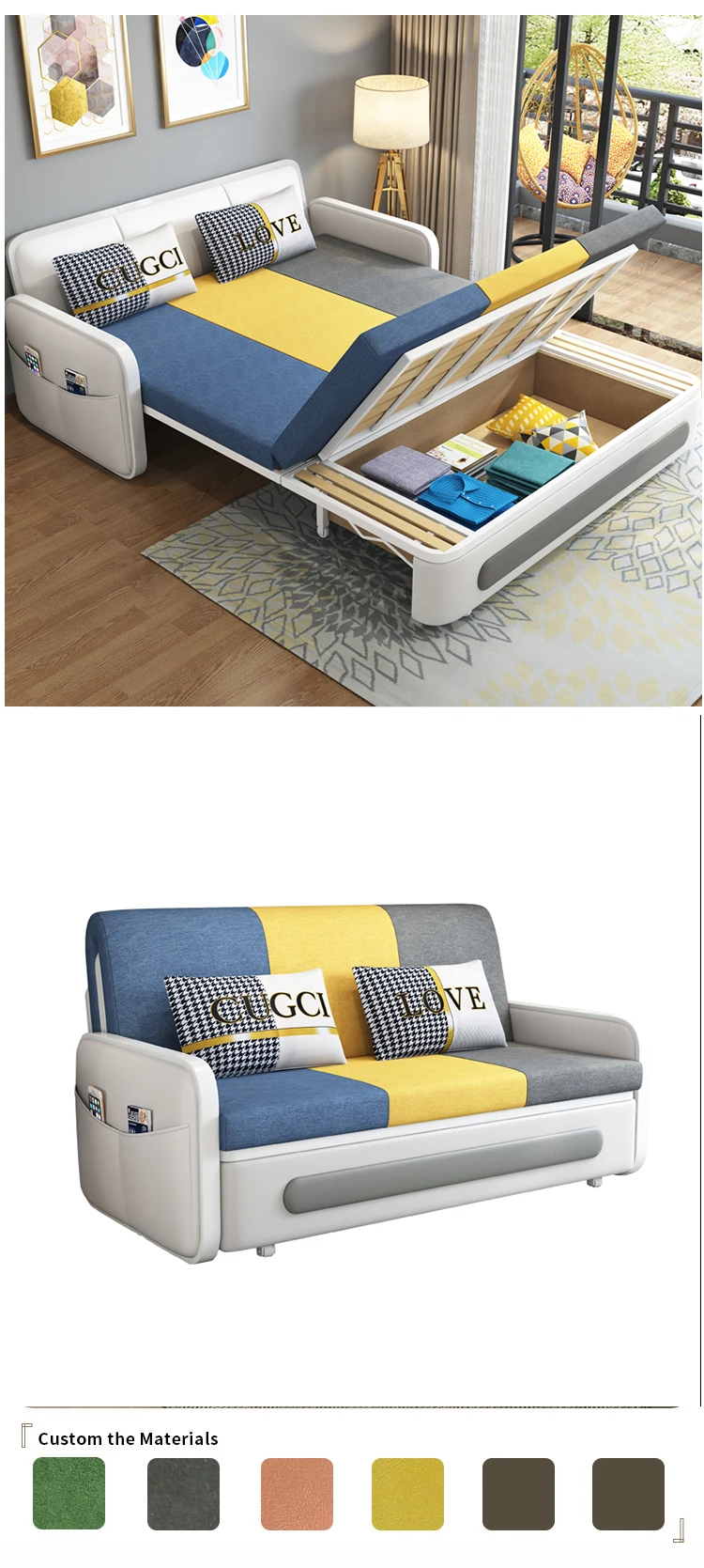 Moyi Modern Fabric Folding Chair Sleeper Three Seat Sofa Bed Wooden ...