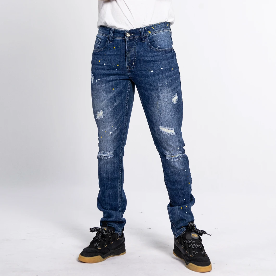 Blue Denim High Quality Dip Ripped Slim Jeans Men Designer High Street ...