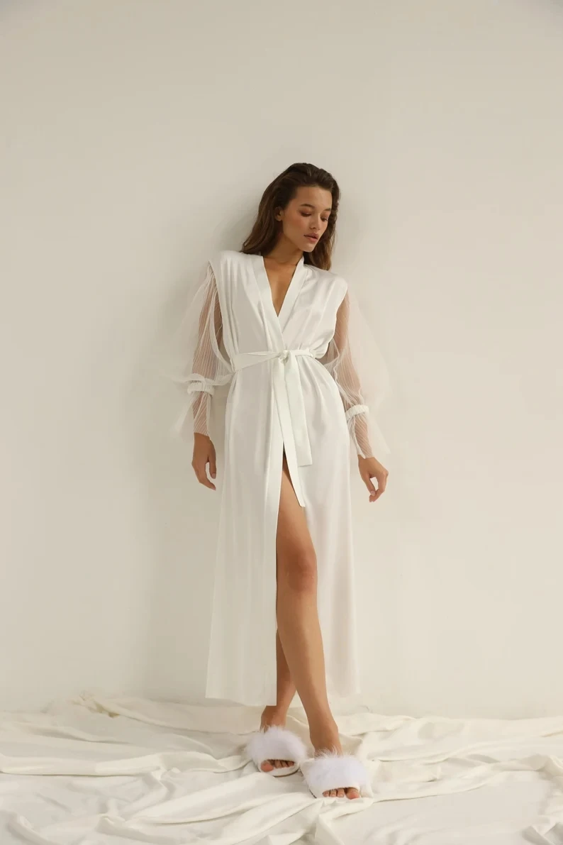 Women Bridal Robe With Wide Sleeves Bride Long White Robe Satin Silk ...