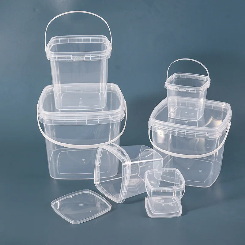 Clear plastic rectangular drum with lid and handle packs durable food ...