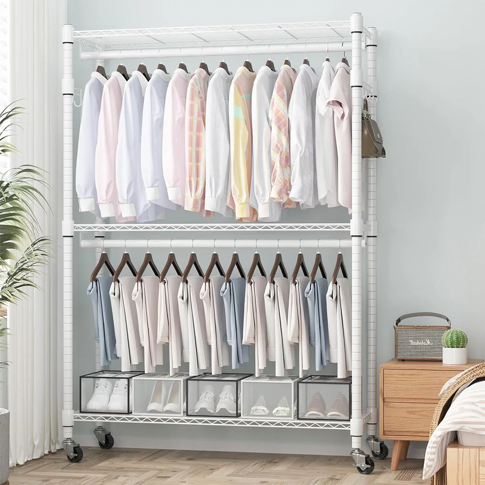 3 Tier Heavy Duty Garment Rack with Wheels - Adjustable & Durable