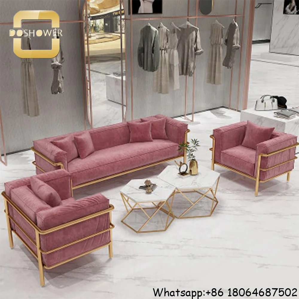 Luxury Waiting Sofa for Salon - Triple Seats & Pink Velvet