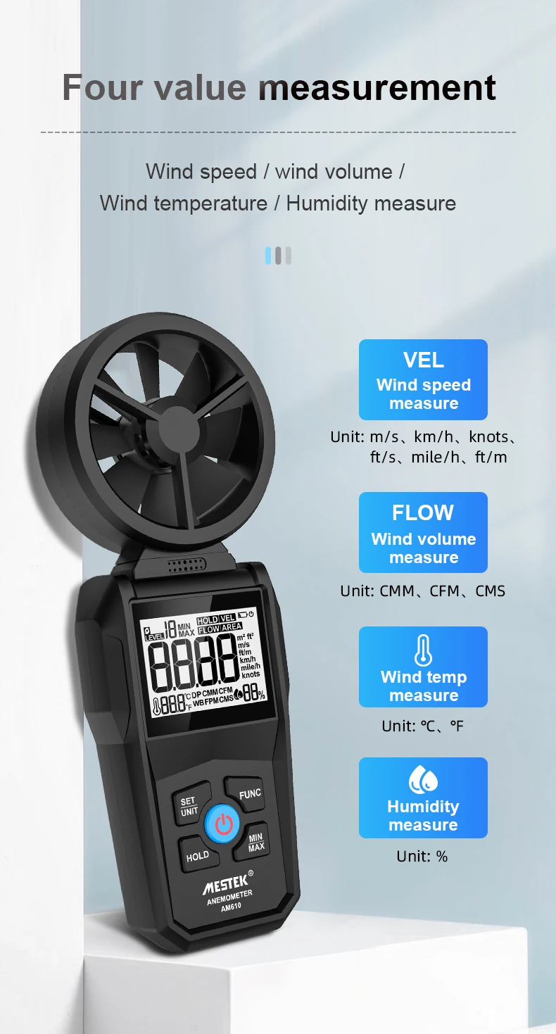 Mestek Am610 Digital Wind Anemometer Air Flow Meter For Wind Speed ...