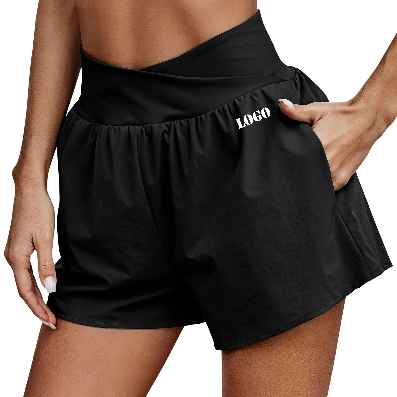 Custom Logo Wholesale Loose Shorts Women Gym Cross V Waist Yoga Shorts ...