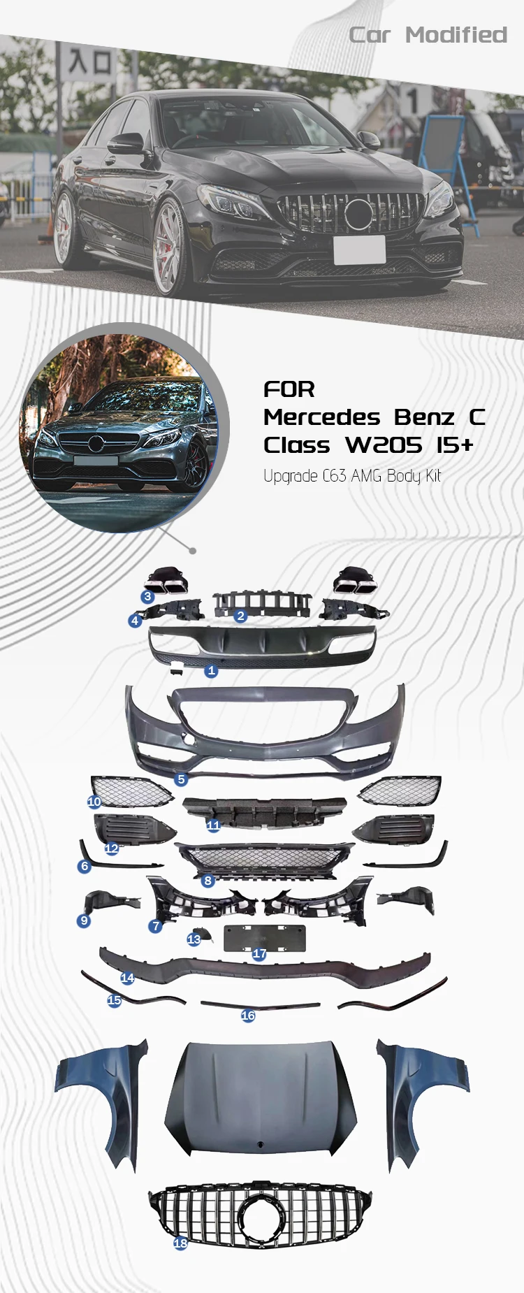 Leishuo W205 Body Kit Including Front Lip Rear Diffuser For Mercedes ...