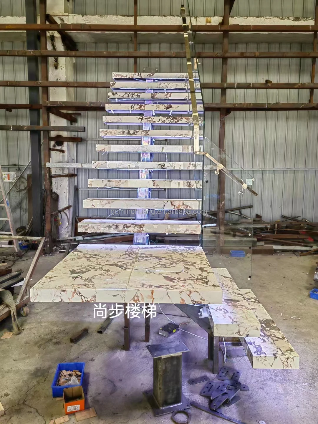 Mono Beam Staircase Interior Stairs Marble Tread & Glass Railing