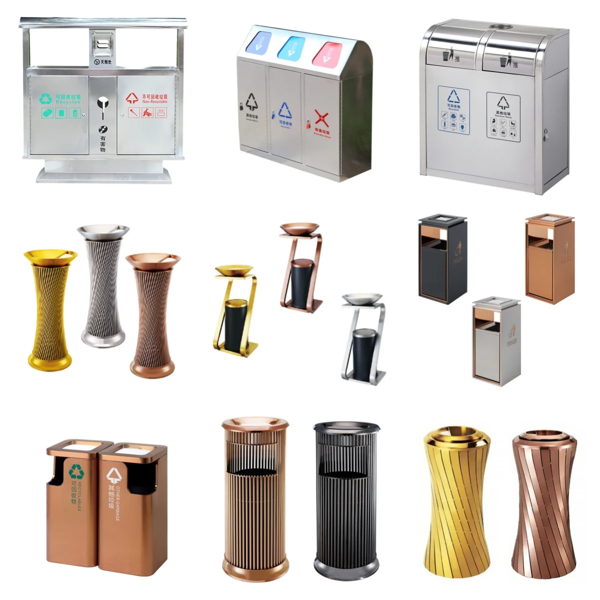 3 Compartments Public Places Garbage Bin Stainless Steel Big Capacity ...