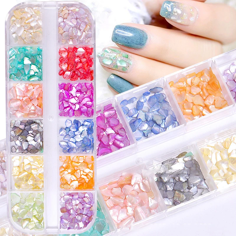 12 Gird Box Mix Flakes Broken Glass Mica Sequins Gold Chain Sea Shell ...
