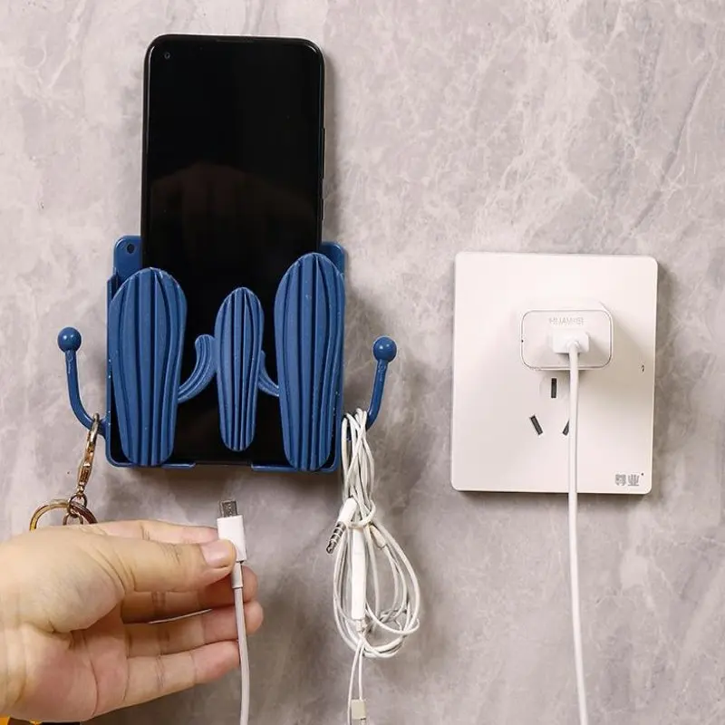 Wall Mounted Phone Plug Holder With Storage Hooks Home Sundries ...