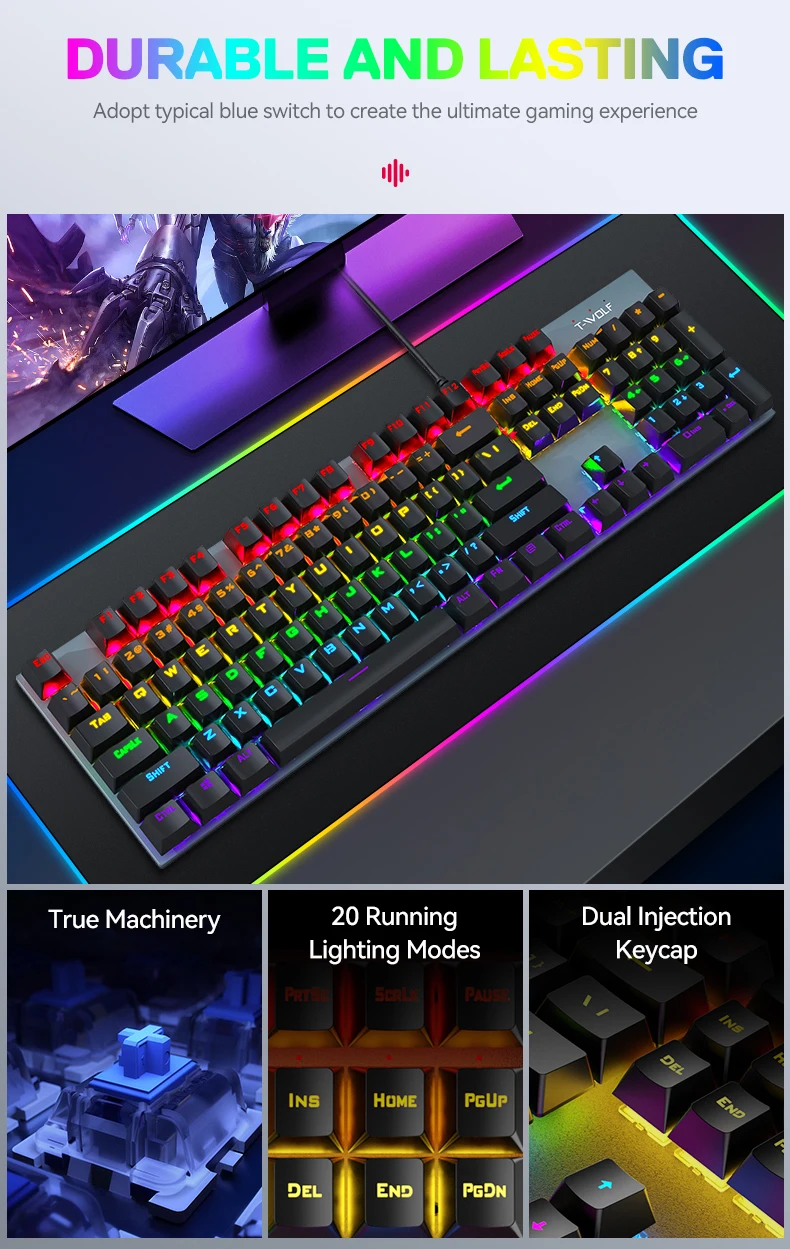 T-WOLF T18 Wired Mechanical Keyboard - Gaming & RGB Light