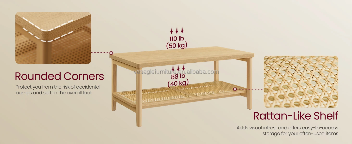 VASAGLE Boho Style Living Room Table - PVC Rattan Coffee Table