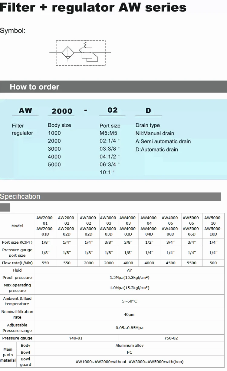 Aw4000-04d Aw Series Auto Drain Air Source Treatment Unit G1/2" Frl ...